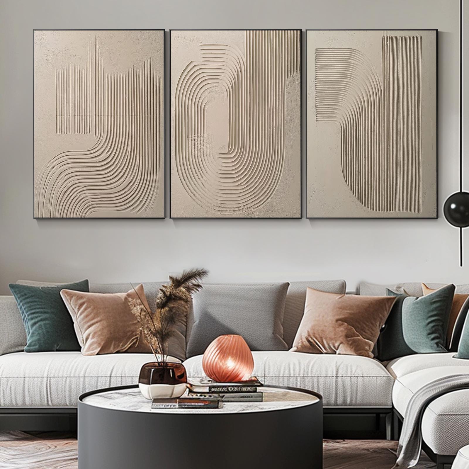 Beige 3D Textured Linear Abstract Wall Art, Beige Minimalist Plaster ...