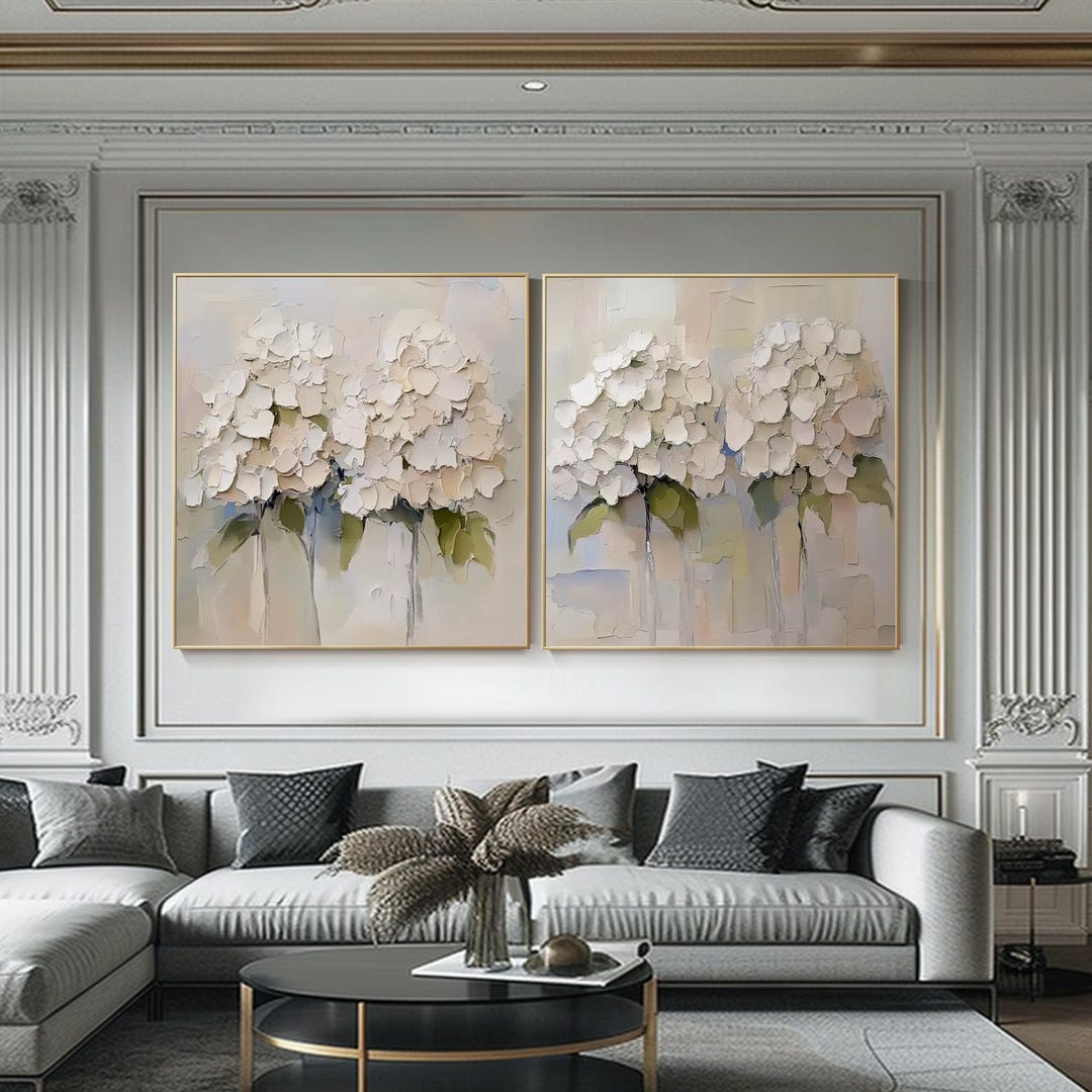 Hamptons Style Hydrangea Diptych Wall Art, Hand Painted Floral Oil ...
