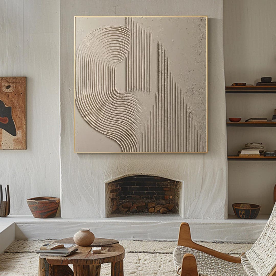 Beige Textured Abstract Oil Painting - Elegant Curved and Linear Design ...