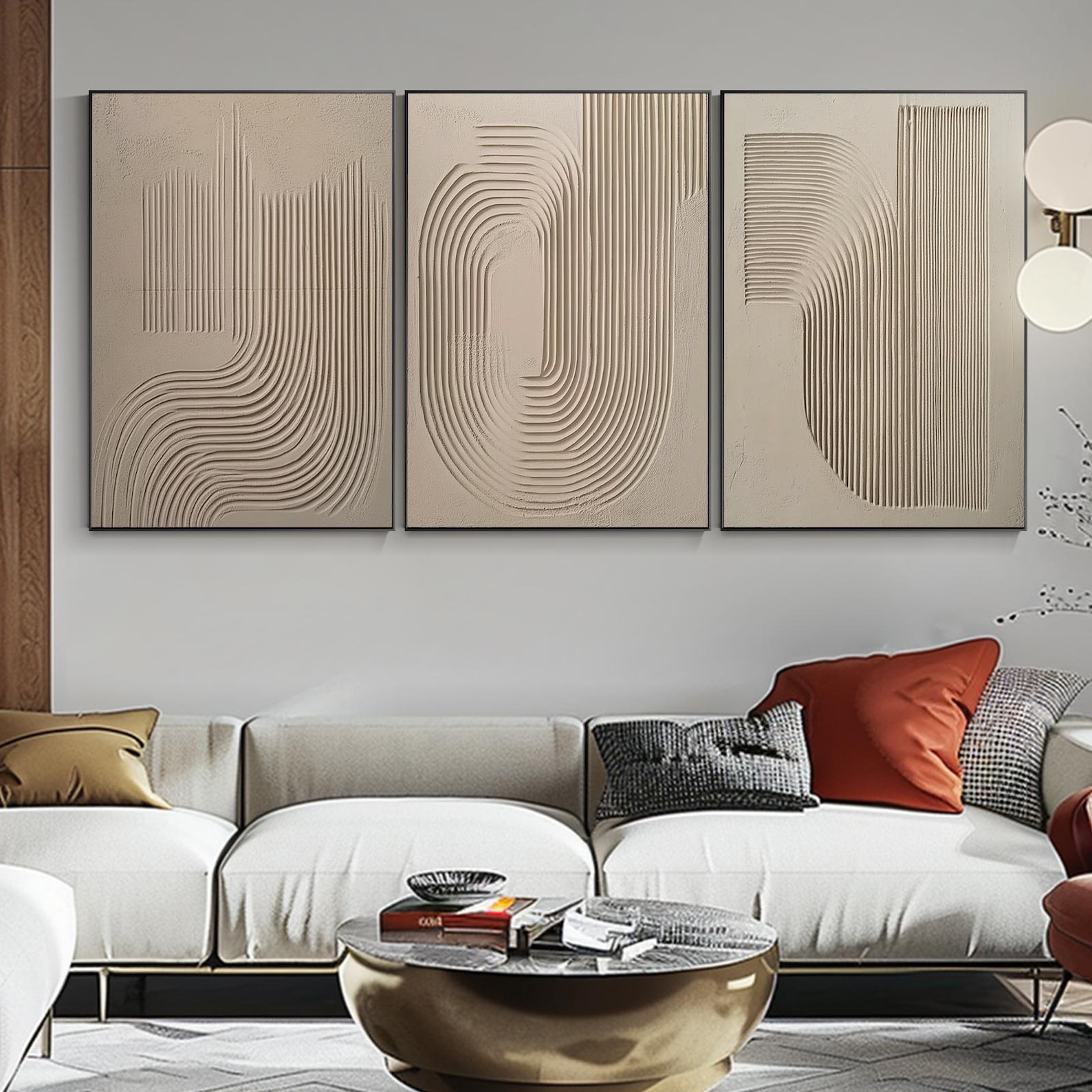 Beige 3D Textured Linear Abstract Wall Art, Beige Minimalist Plaster ...