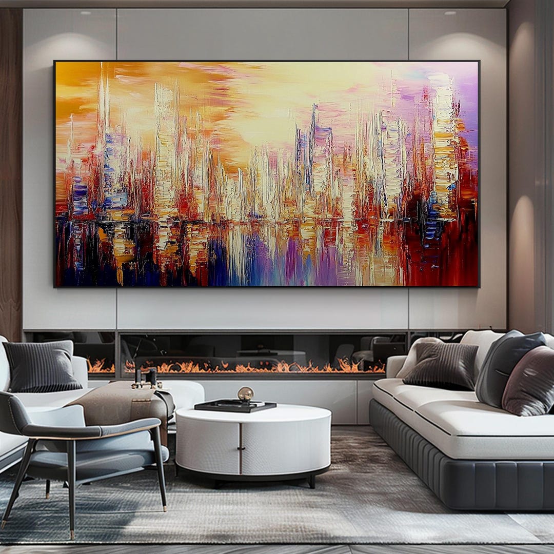 Urban Architecture Oil Painting on Canvas, Abstract Golden City ...