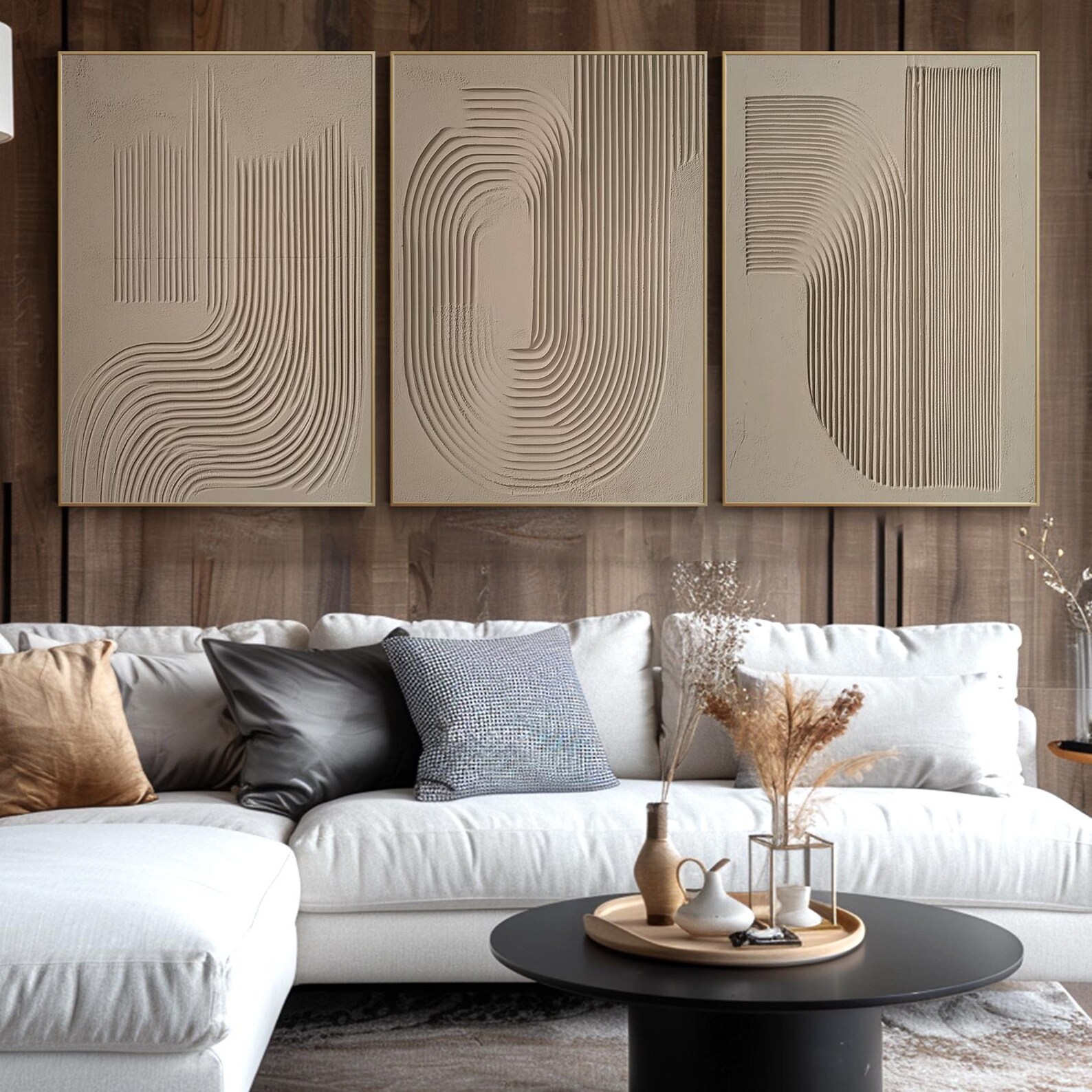 Beige 3D Textured Linear Abstract Wall Art, Beige Minimalist Plaster ...