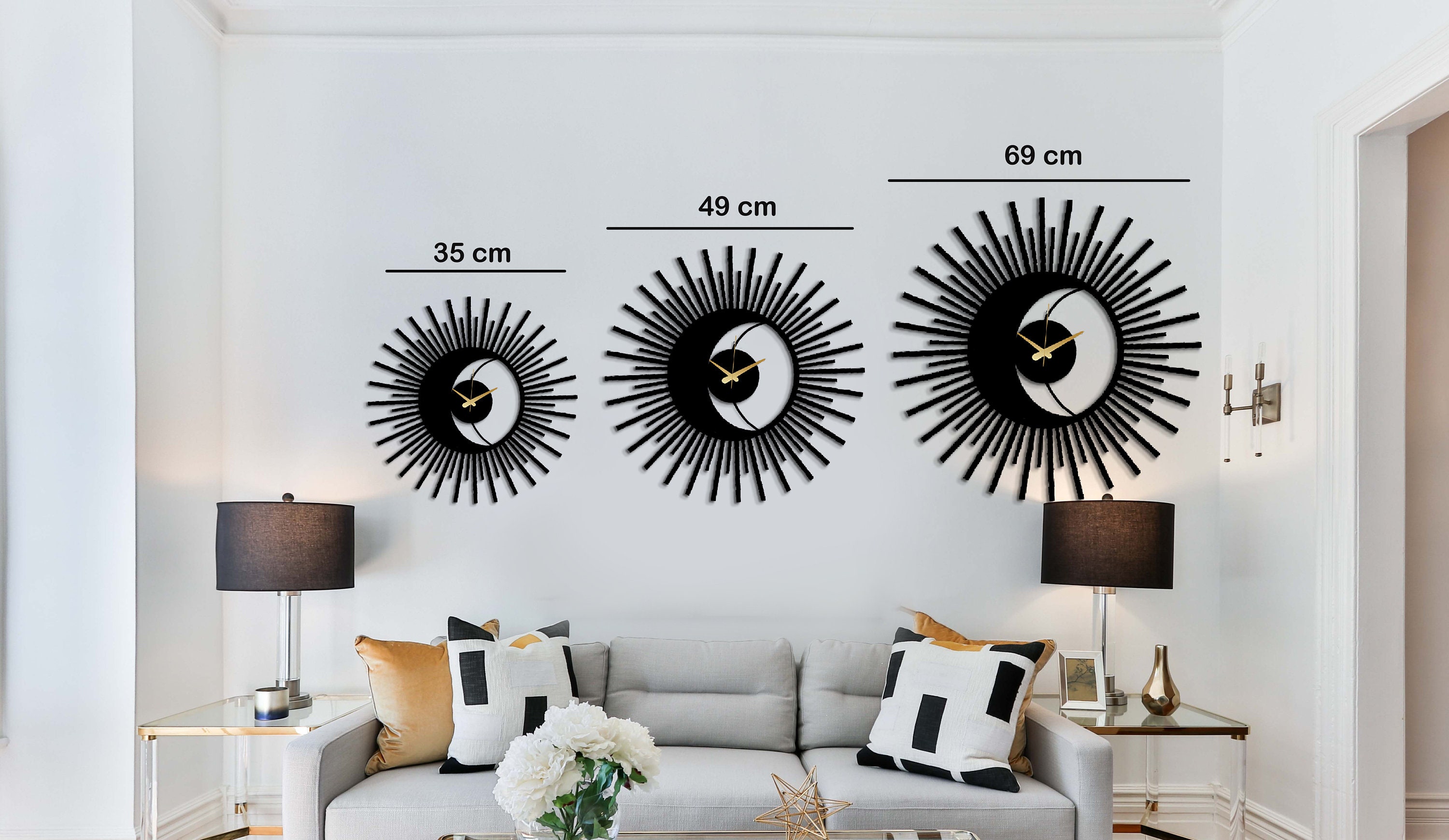 Sun Wall Clock Boho Wall Decor Metal Sun Wall Clock Gold Wall Clock ...