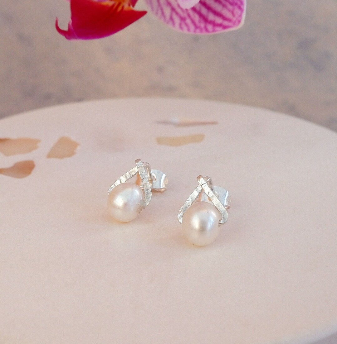 Genuine Pearl Triangle Stud Earrings, Handmade Hammered Sterling Silver ...