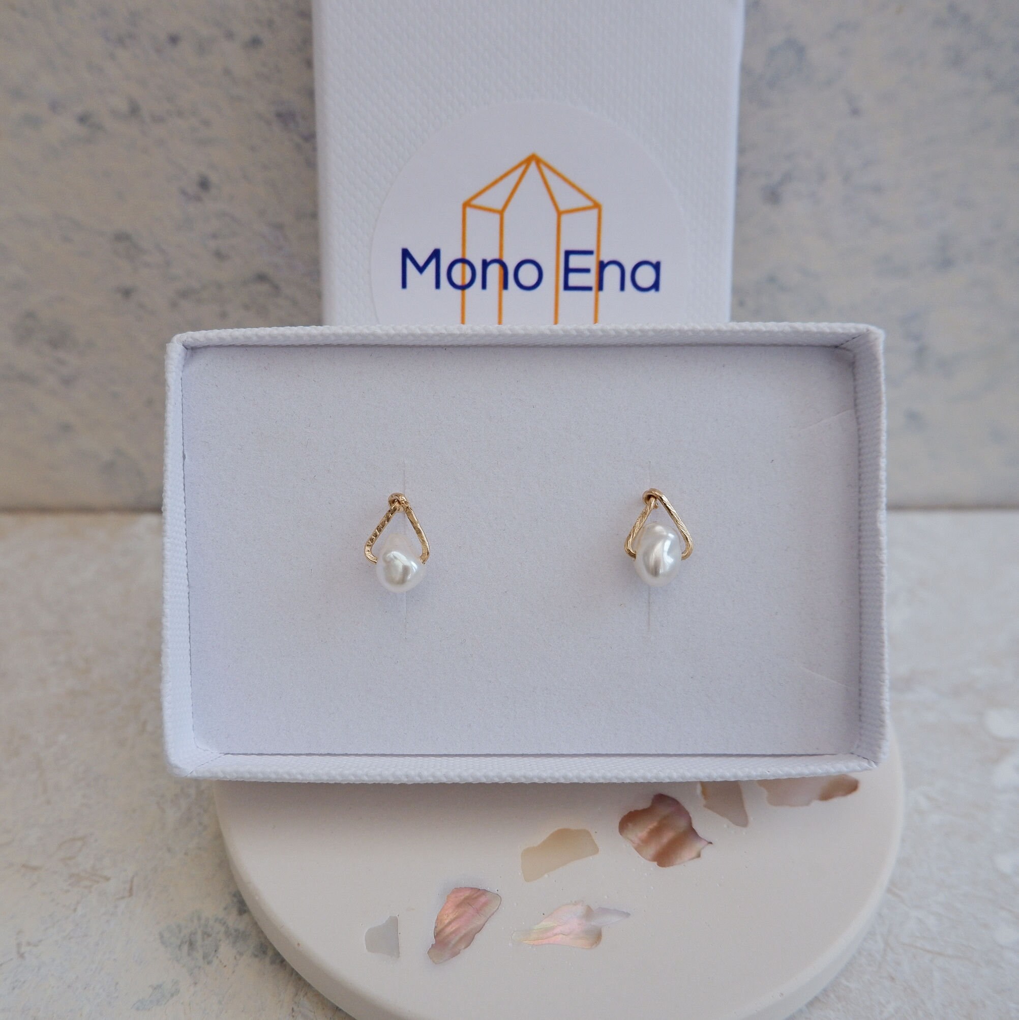 Genuine Pearl Triangle Stud Earrings, Handmade Hammered Sterling Silver ...