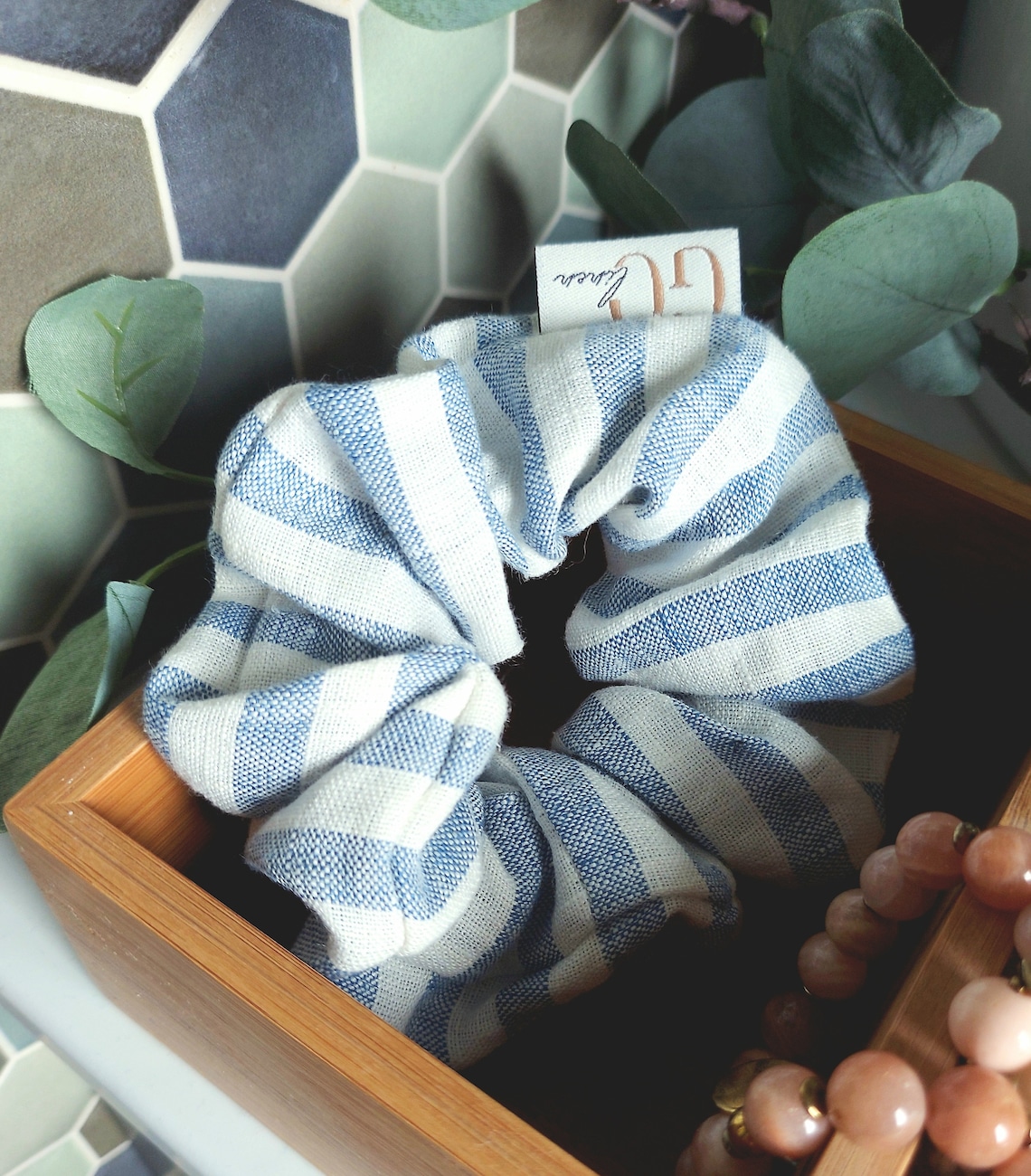 Linen Scrunchie Minimalist Cute Scrunchie Blue Striped Hair Elastic ...