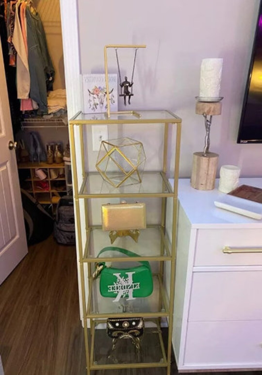 Golden Shelf Stand Unit, Gold 5 Tier Ladder, Glass Shelf Stand Unit ...