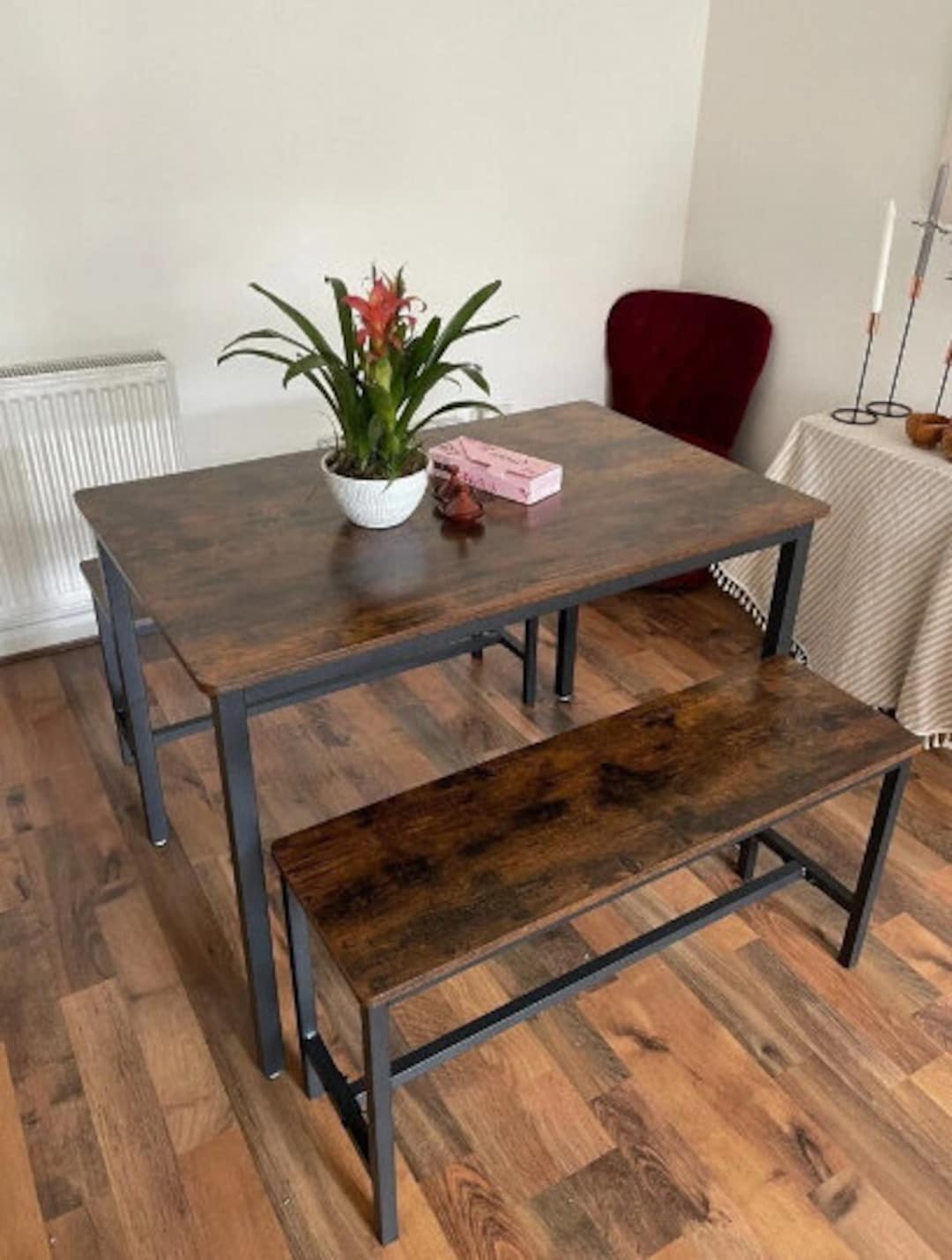Industrial Dining Table, Rustic Dining Table With 2 Benches, Dark Brown ...