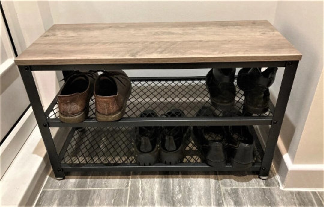 Industrial Shoe Storage Bench, Greige Shoe Bench, Hallway Shoe Rack ...