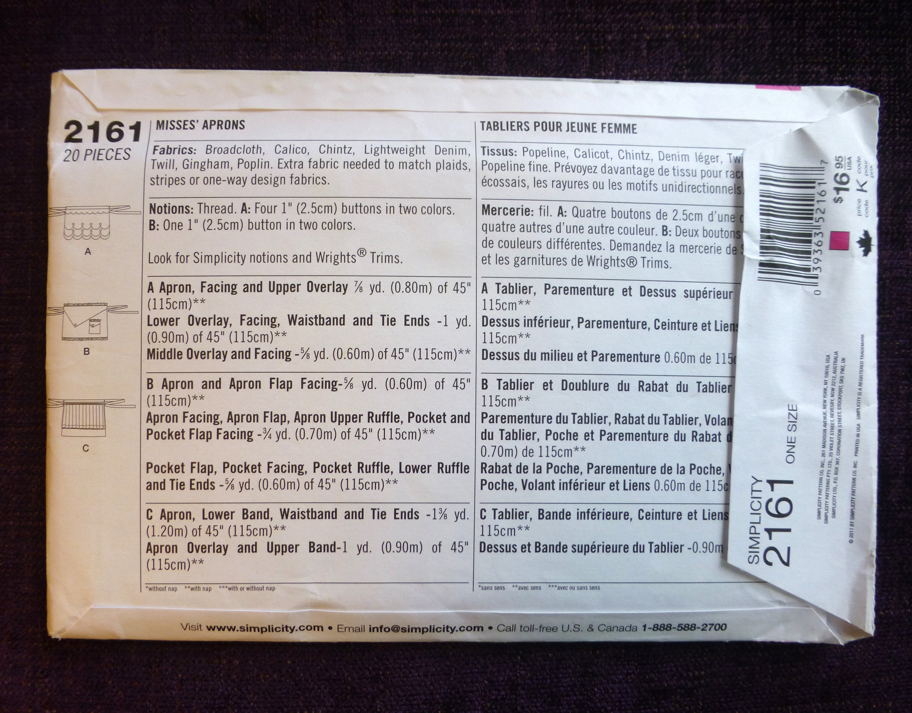 Simplicity Sewing Pattern 2161, Uncut FF, Half Aprons Pleated ...