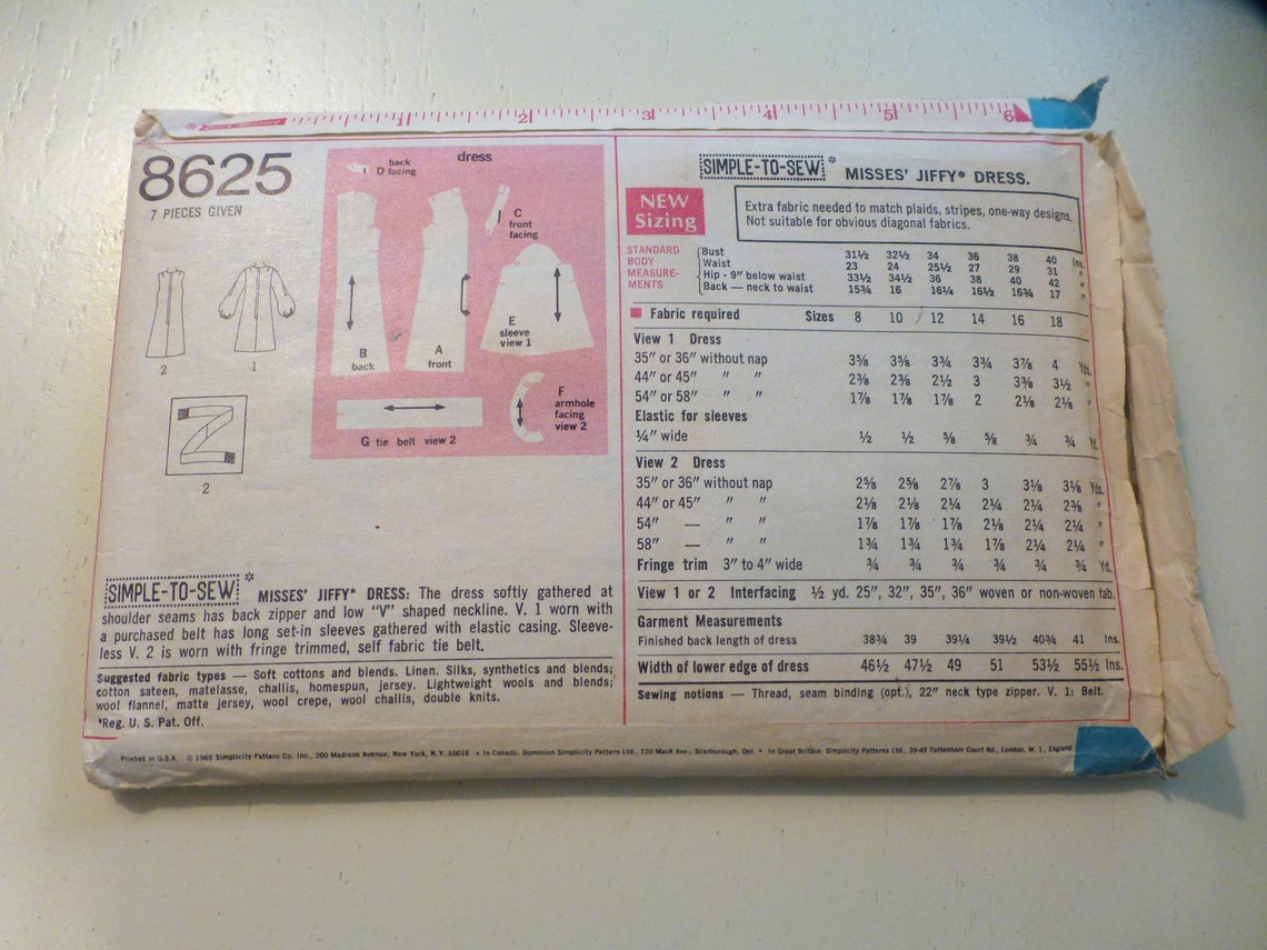 Simplicity Sewing Pattern , Vintage 1969, Classic A-line Dress, Sleeve ...