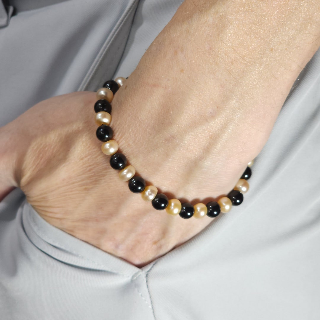 Spinel and 5A Peach Pearl Minimalist Stretch Bracelet | 6mm Genuine ...