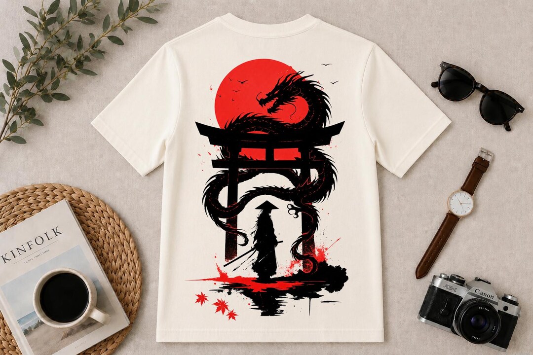 Japanese Dragon Samurai T-shirt, White Streetwear Graphic Tee, Japan ...