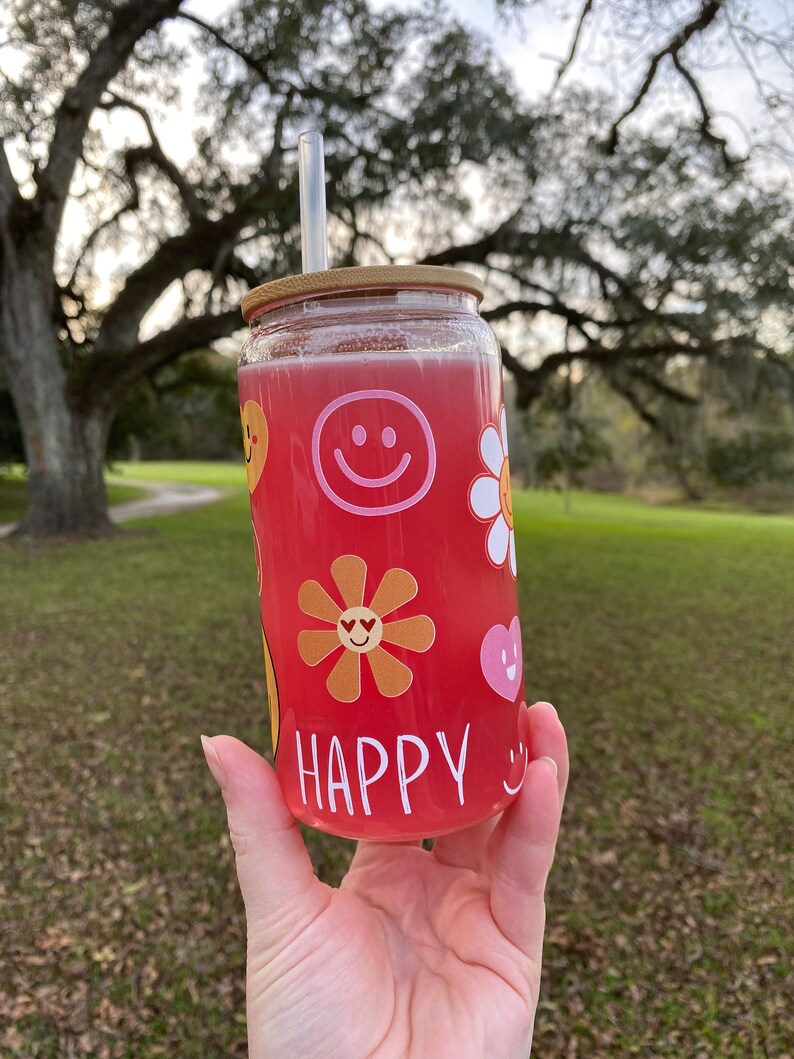 Happy Juice Cup Smiley Face - 16 Oz Glass Cup With Bamboo Lid and Straw ...
