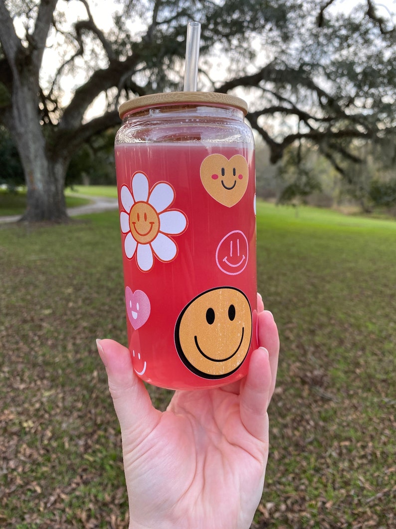Happy Juice Cup Smiley Face - 16 Oz Glass Cup With Bamboo Lid and Straw ...