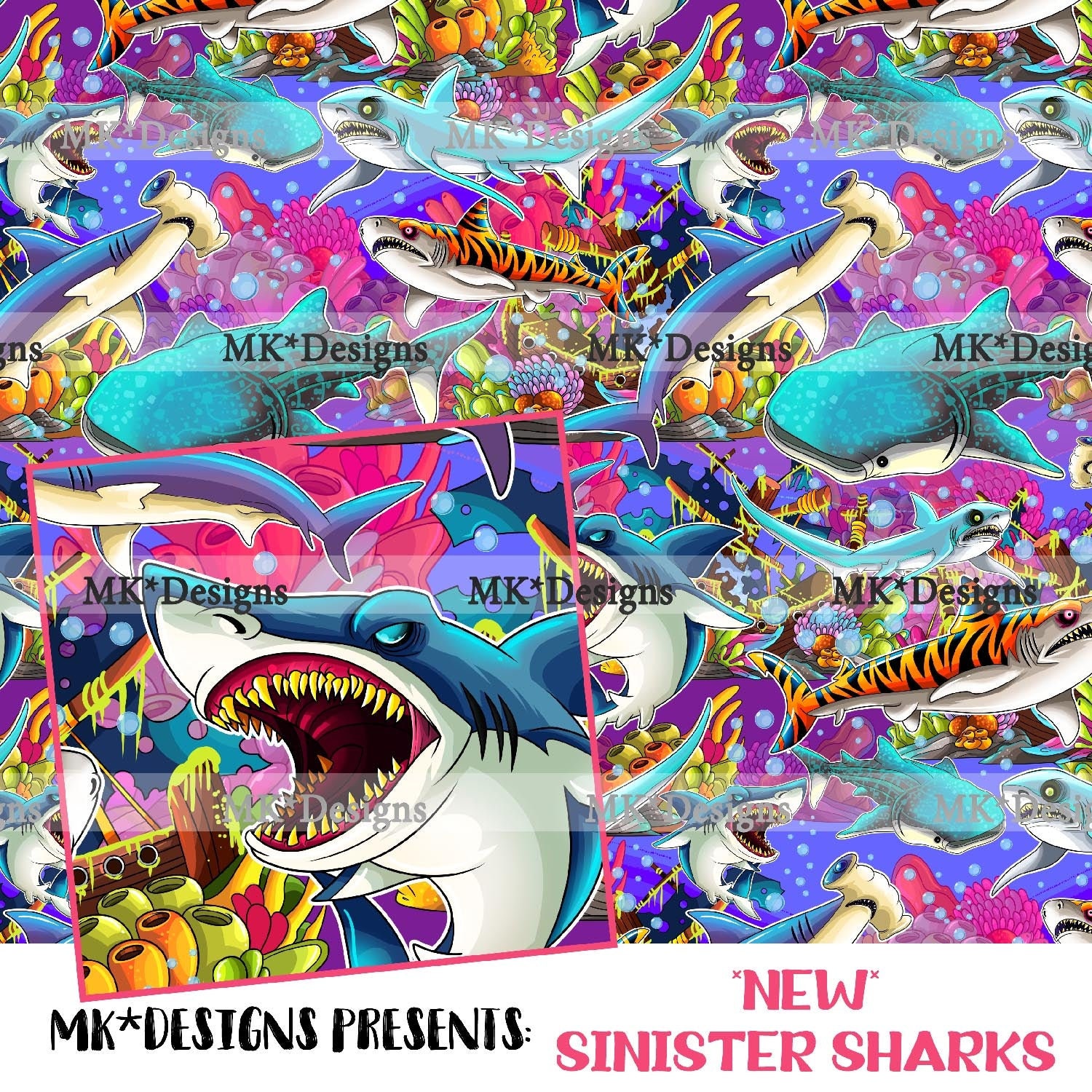 Pink Sinister Sharks Seamless Digital Pattern - Etsy