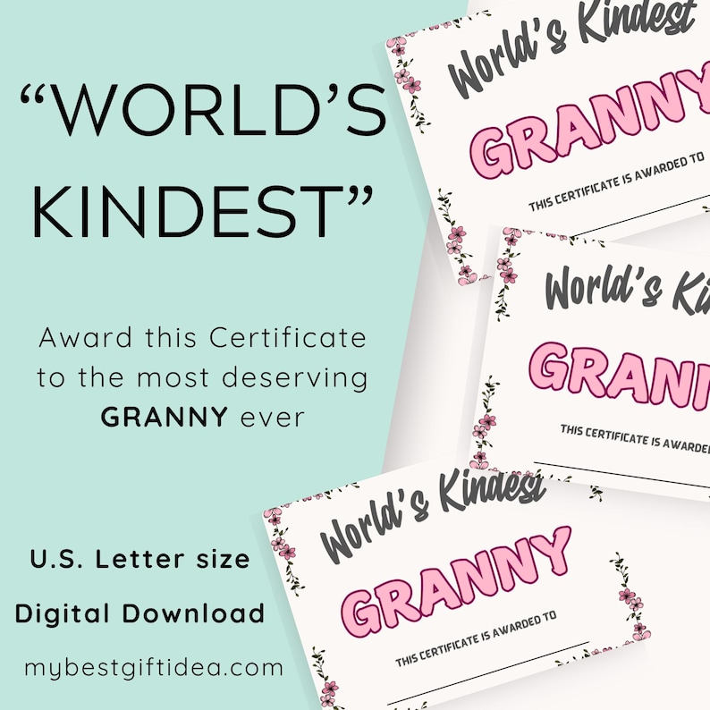 World's Kindest Granny Certificate: Printable Gift (digital Download ...