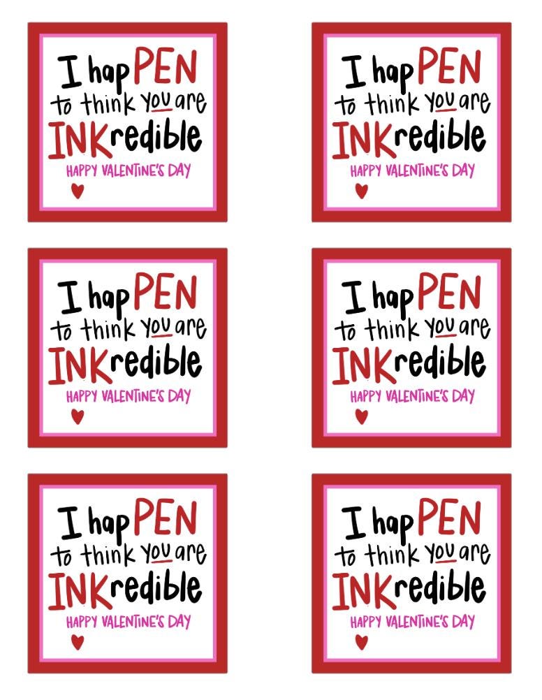 Pen & Ink Valentine's Day Printable: Teacher, Student, Pen Gift Tag ...