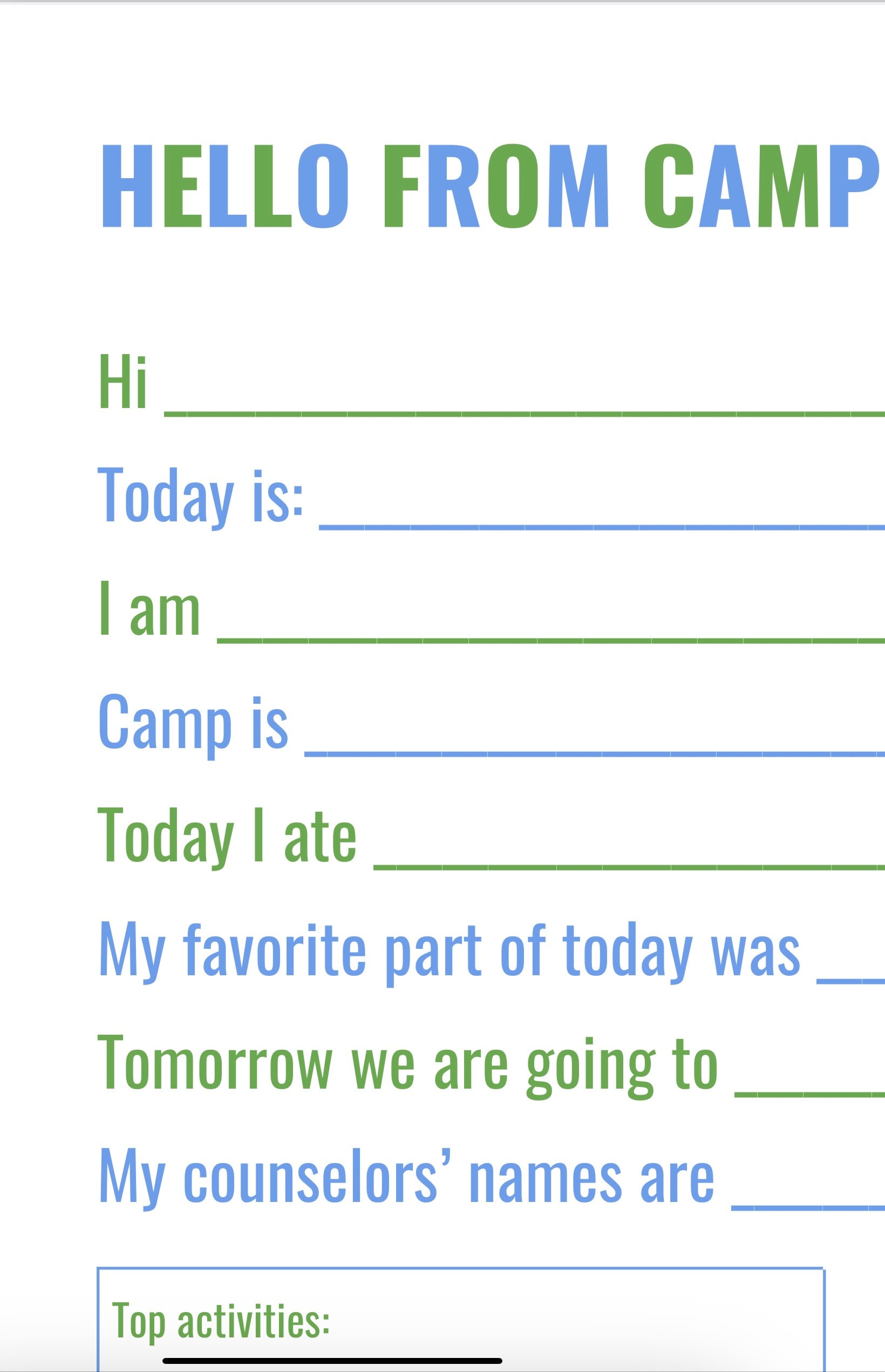 Printable Camp Letter Stationery: Fill-in Template (digital Download ...