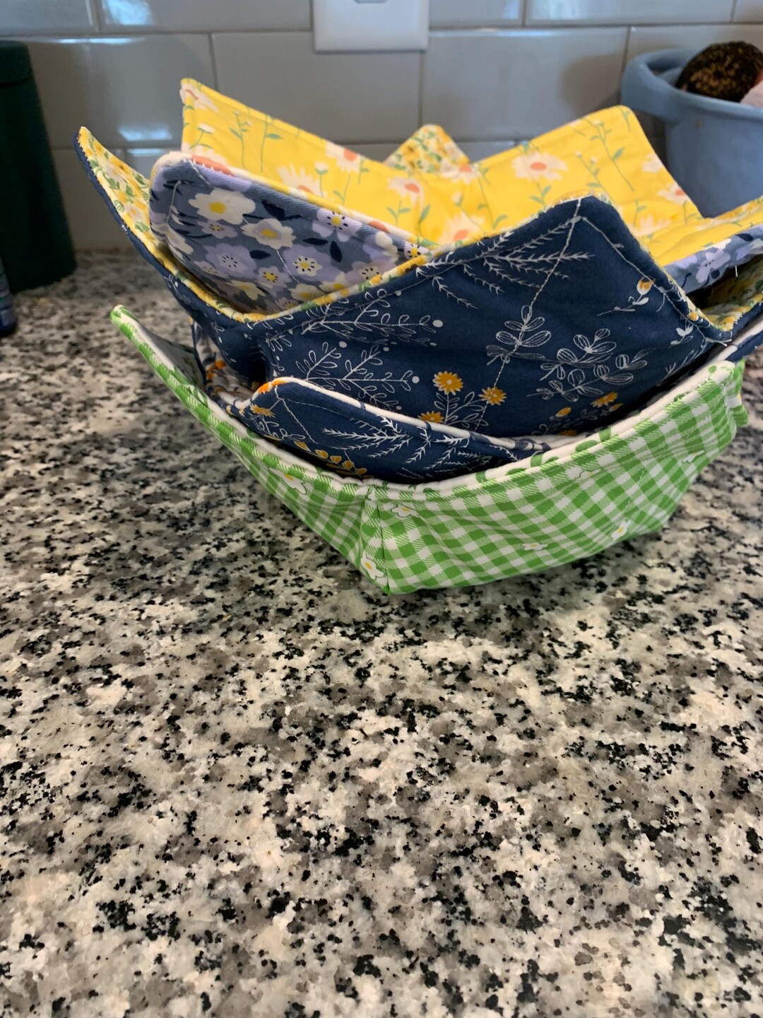 Large Reversible Bowl Cozies- Blue / Yellow Collection - Etsy
