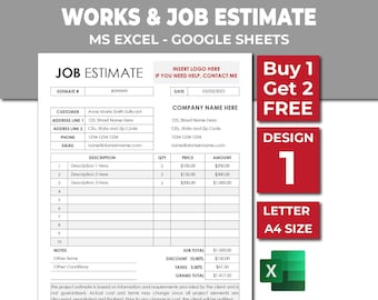 Job Estimate Template. Excel Editable Spreadsheet. Google Sheets ...