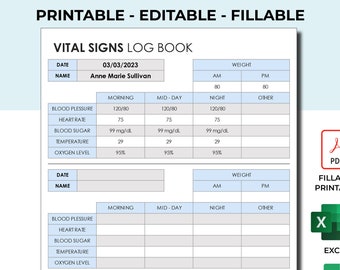 Vital Signs Chart Template, Editable Vitals Log, Printable Fillable ...