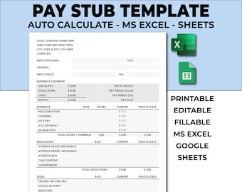 Excel & Google Sheets Spreadsheet Template: Paystub, Payroll, Pay Stub ...