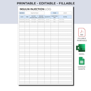 Insulin Injection Log. Insulin Injection Tracker. Diabetic Log ...