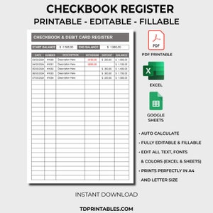 PDF Printable Checkbook & Debit Card Register. Income Expenses Tracker ...