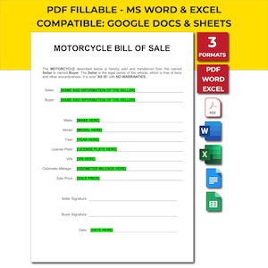 Motorcycle Bill of Sale, Motorcycle Purchase Agreement, Motorcycle Sale ...