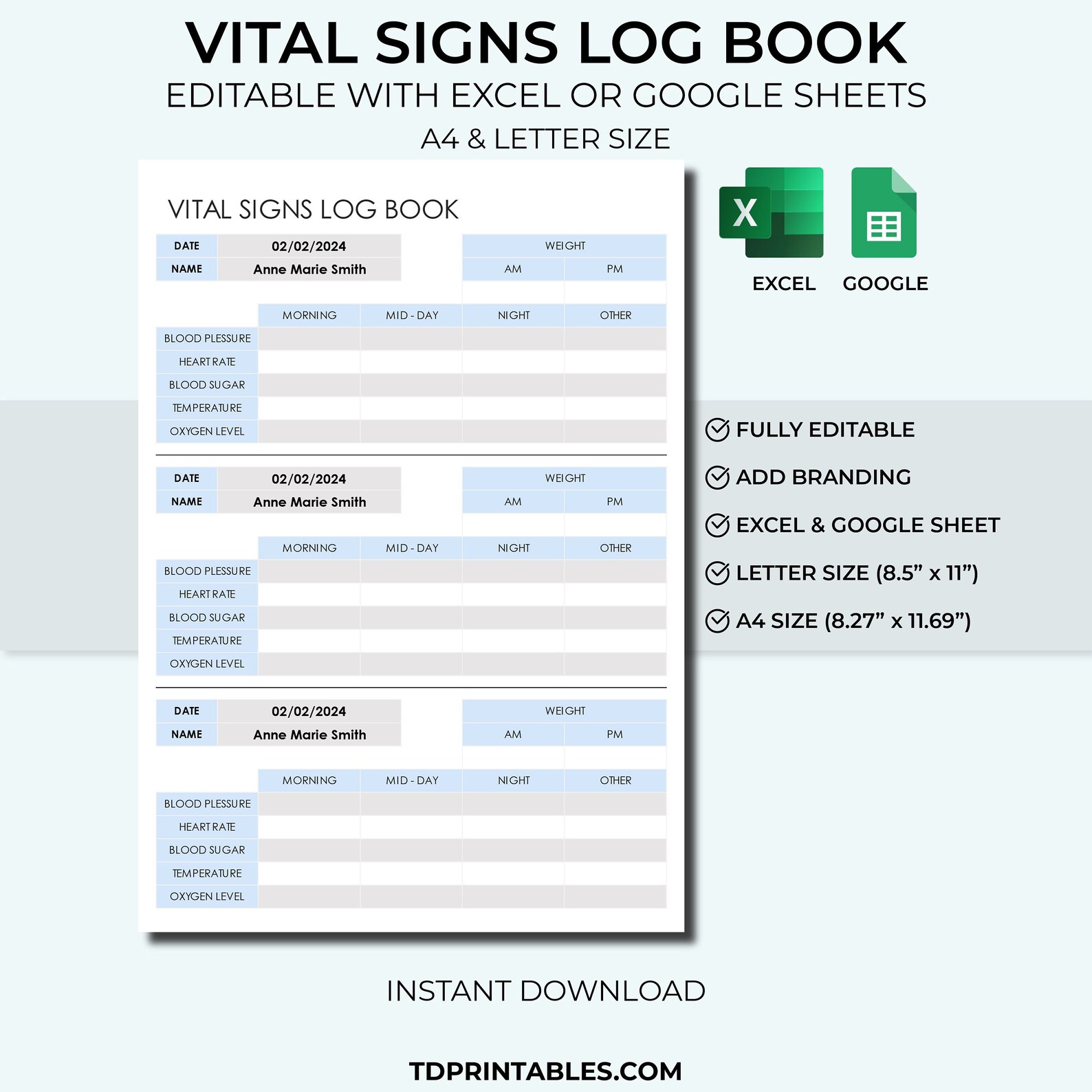 Editable Printable Vital Signs Log, Vital Sign Sheet, Vital Signs ...