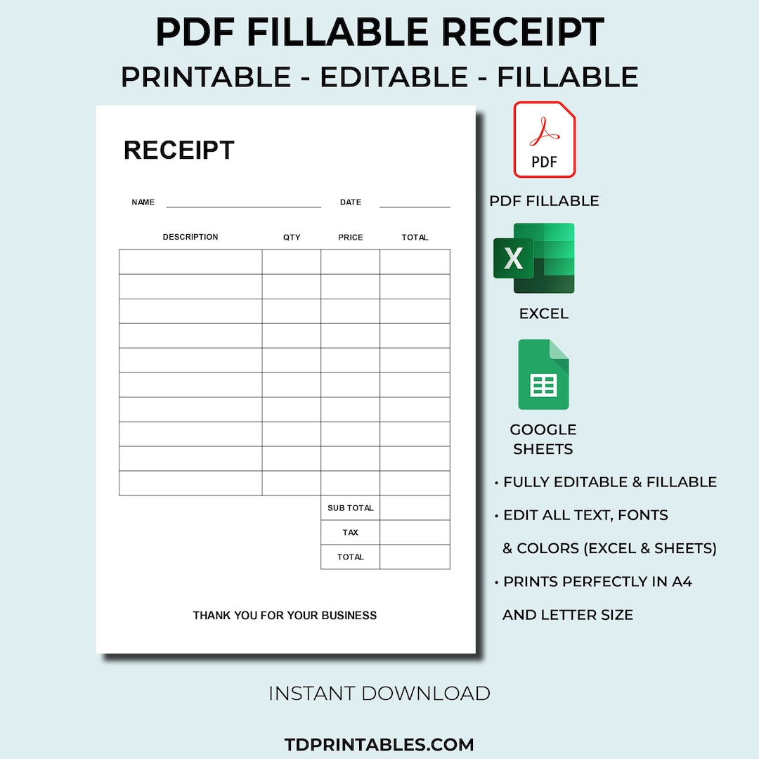 Editable Business Receipt Form, Printable Small Business Receipt, Sales ...