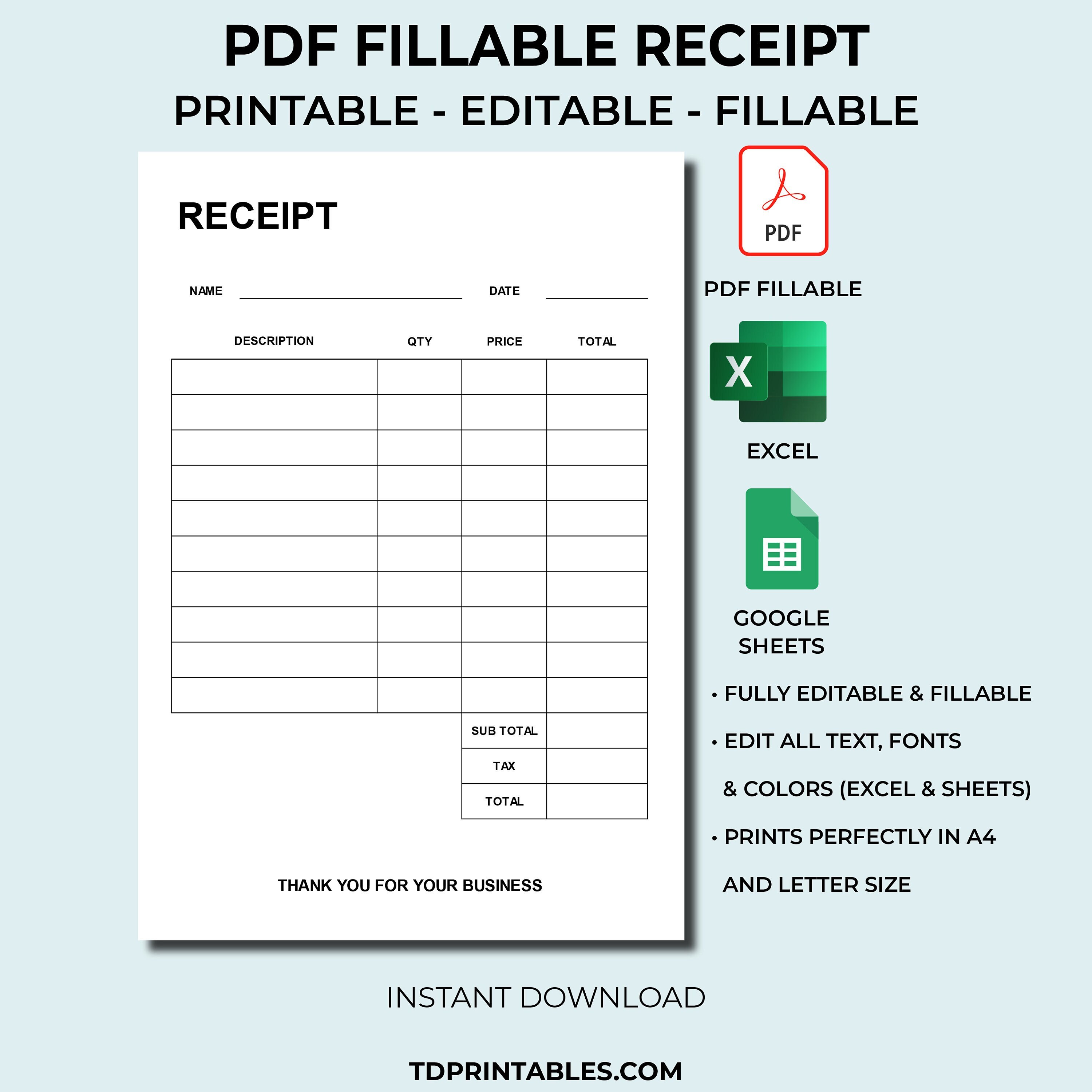 Editable Business Receipt Form, Printable Small Business Receipt, Sales ...