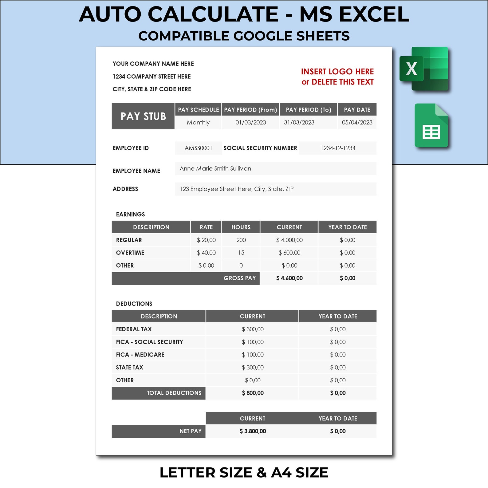 Pay Stub Spreadsheet Template. Earnings Statement Template. Excel ...