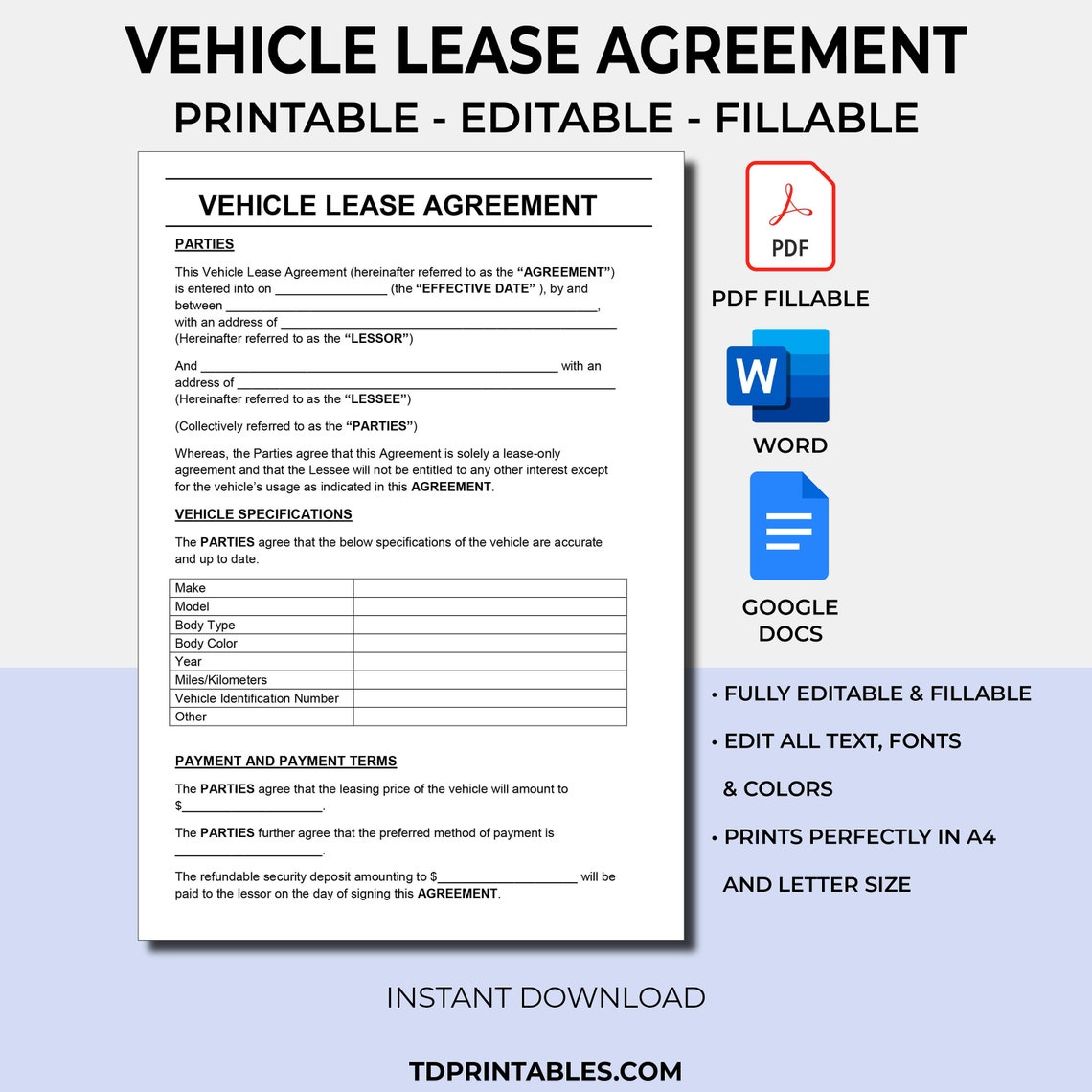 Vehicle Lease Agreement Template. PDF Fillable & Printable. Editable Ms ...