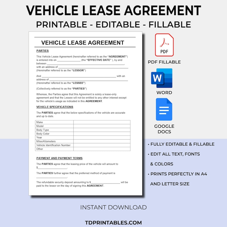 Vehicle Lease Agreement Template. PDF Fillable & Printable. Editable Ms ...