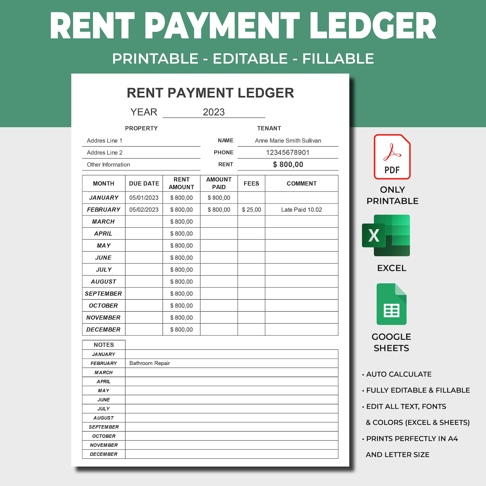 Rent Payment Ledger, Rent Payment Tracker,rent Payment Record,rent ...