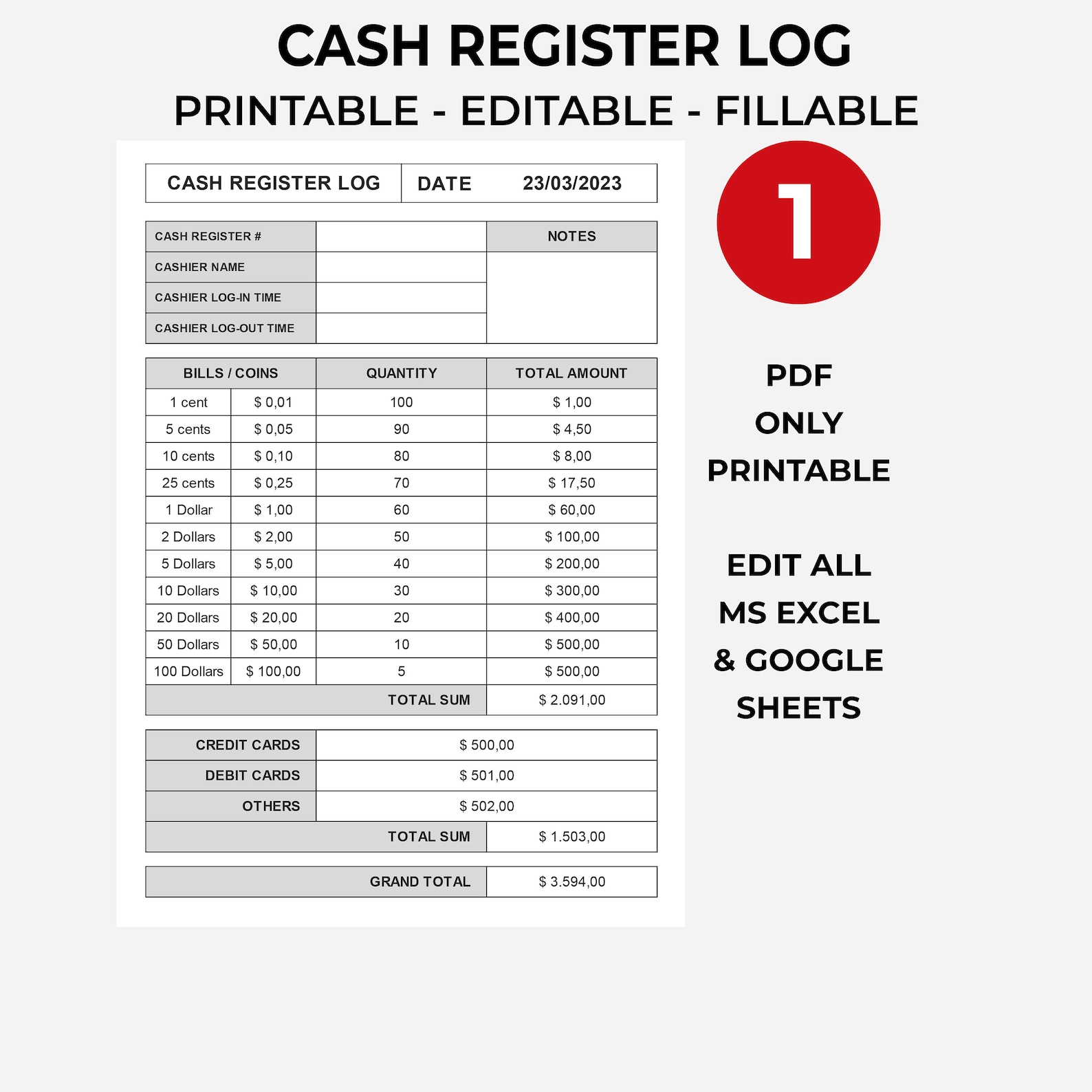 Cash Register Log, Cash Registry, Cash Log, Petty Cash, Money Log ...
