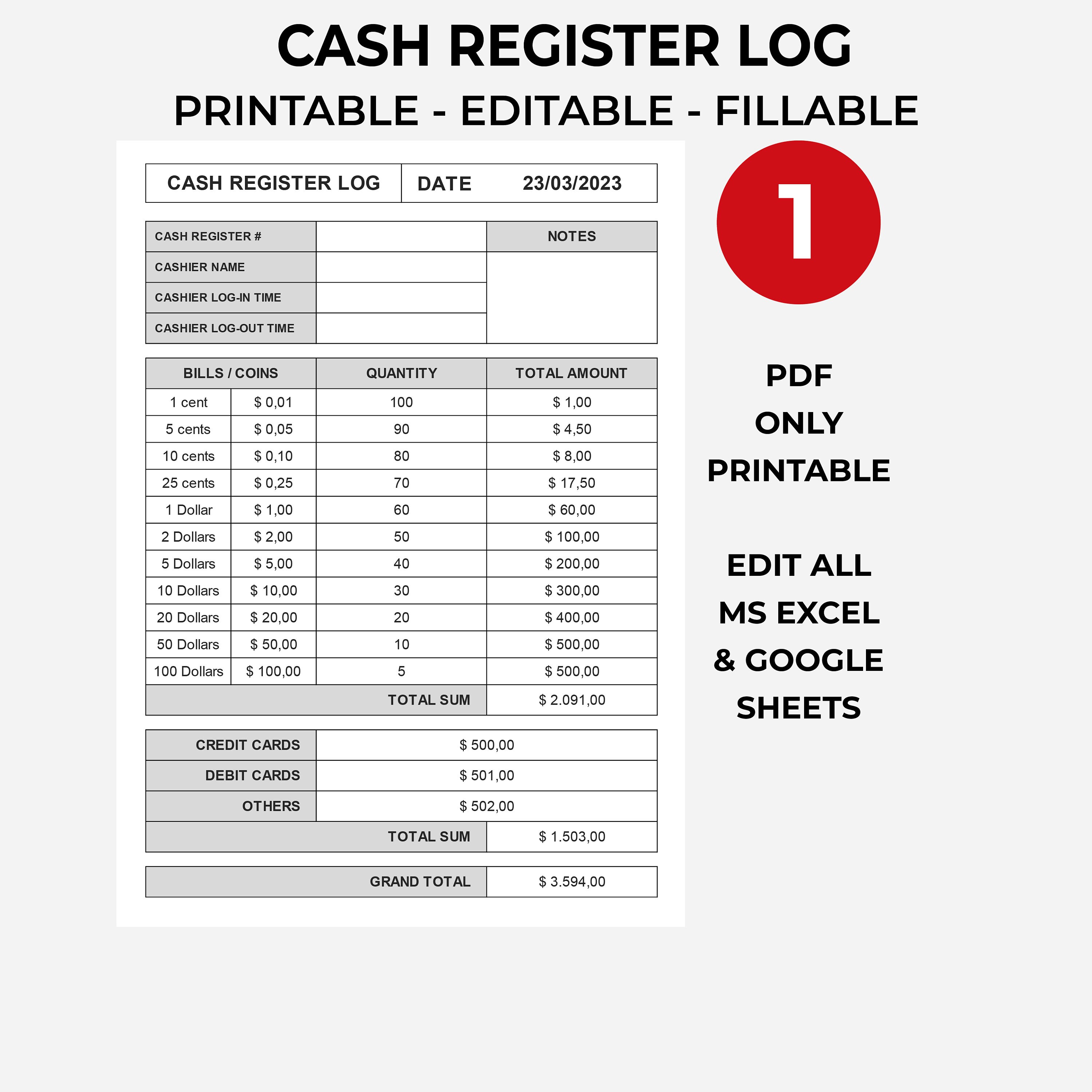 Cash Register Log, Cash Registry, Cash Log, Petty Cash, Money Log ...