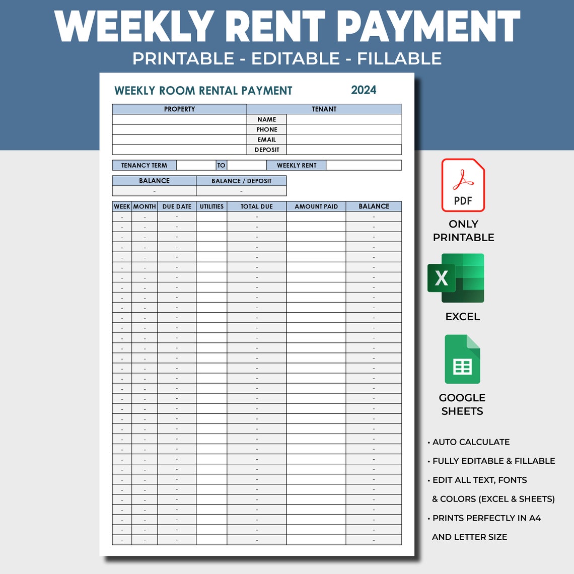 Weekly Rent Payment Ledger Spreadsheet Template. Weekly Rent Payment ...