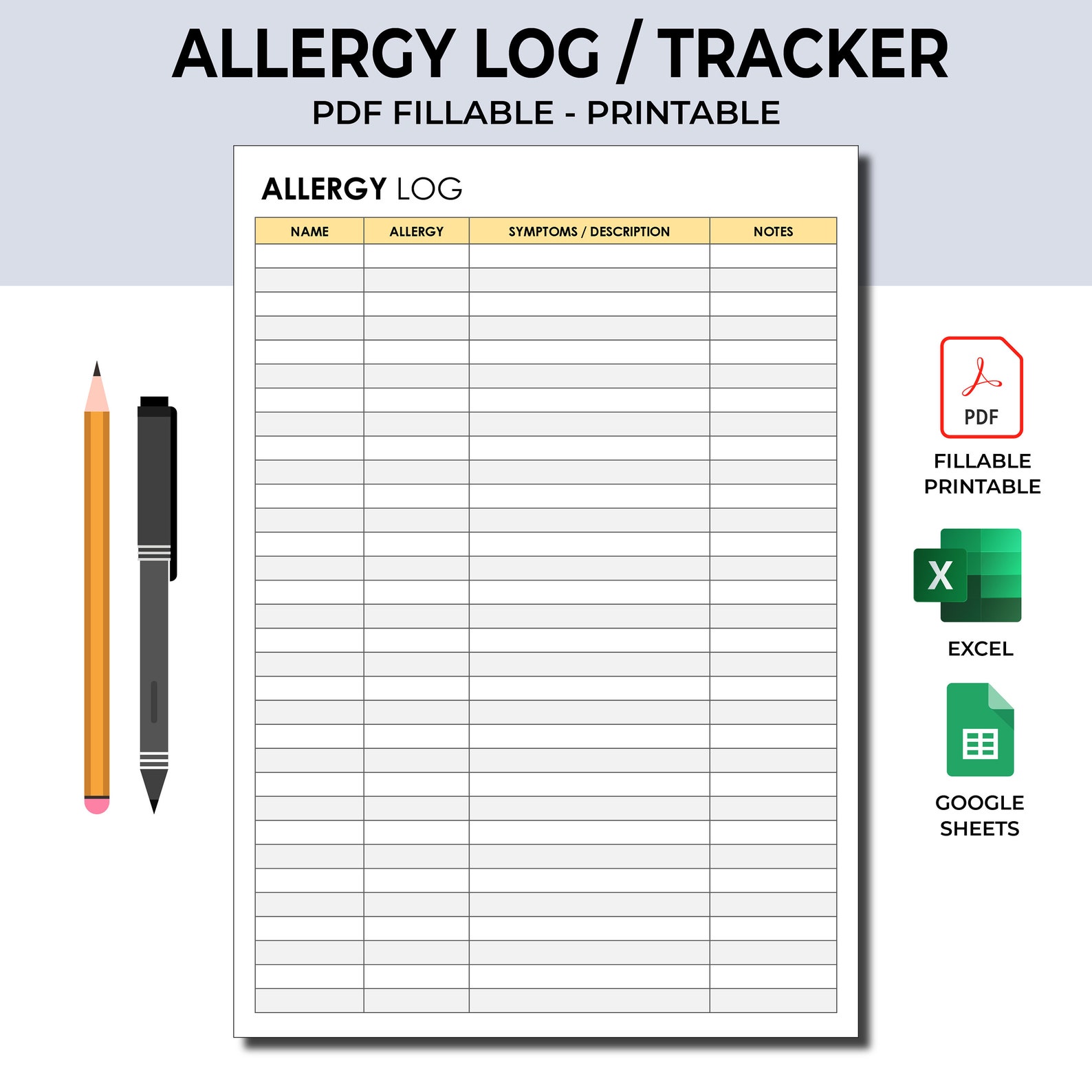 Printable Allergy Log, Allergy Tracker, Allergy Diary, Allergy Logbook ...