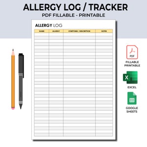 Printable Allergy Log, Allergy Tracker, Allergy Diary, Allergy Logbook ...
