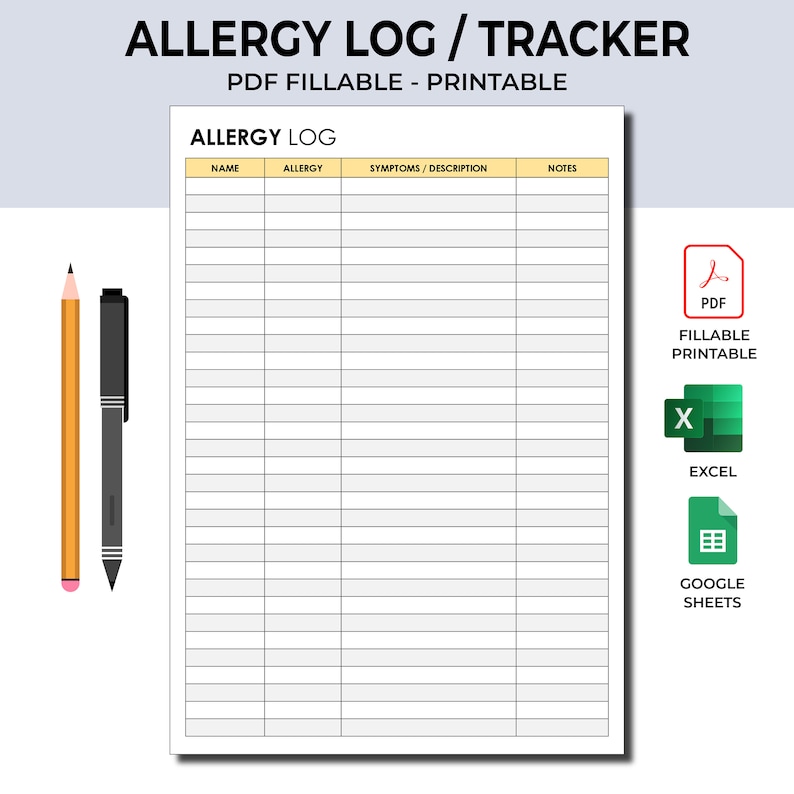 Printable Allergy Log, Allergy Tracker, Allergy Diary, Allergy Logbook ...