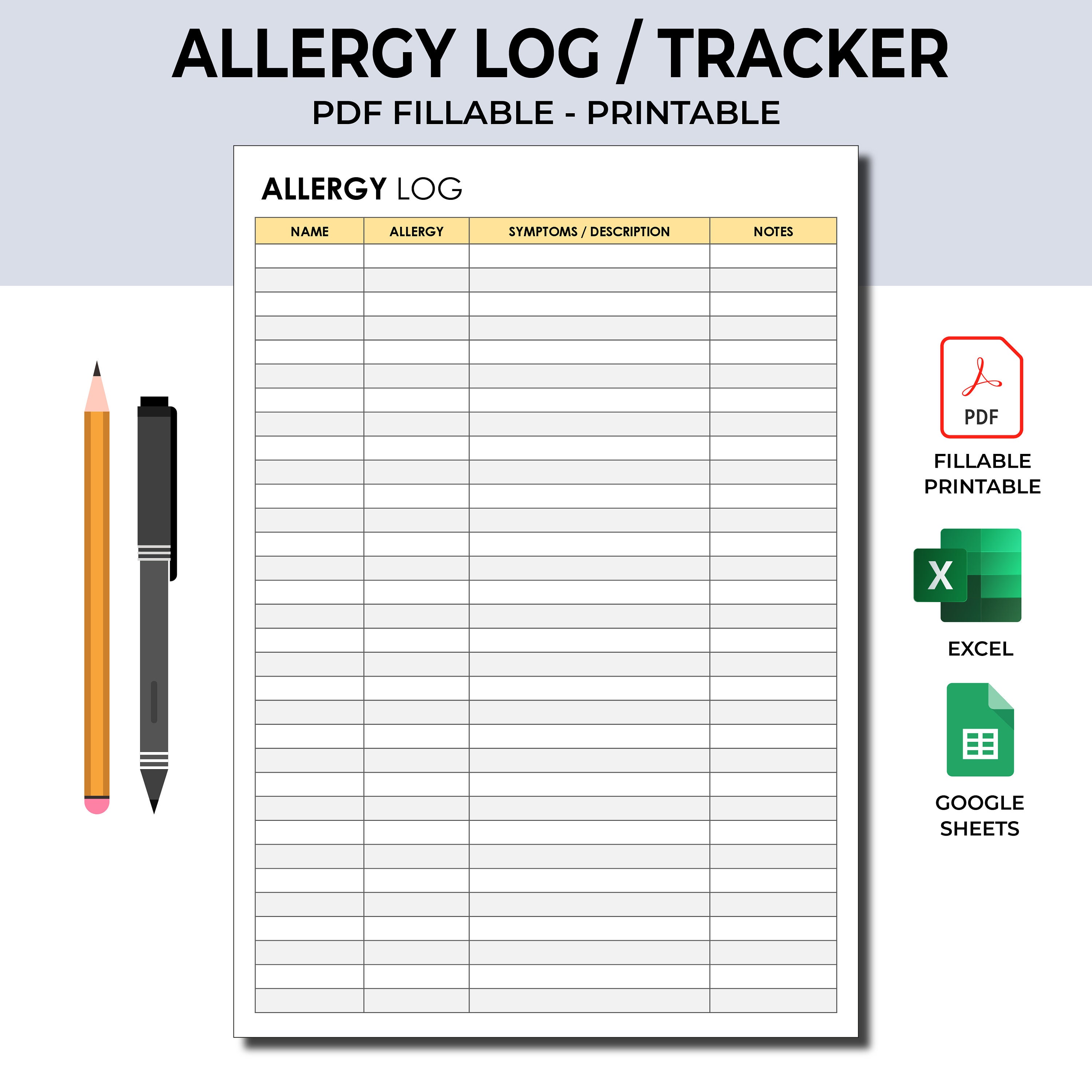 Printable Allergy Log, Allergy Tracker, Allergy Diary, Allergy Logbook ...