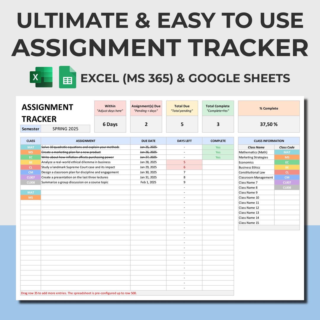 Assignment Tracker, School Spreadsheet, Excel 365 Google Sheets ...