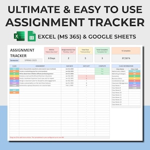 Assignment Tracker, School Spreadsheet, Excel 365 Google Sheets ...