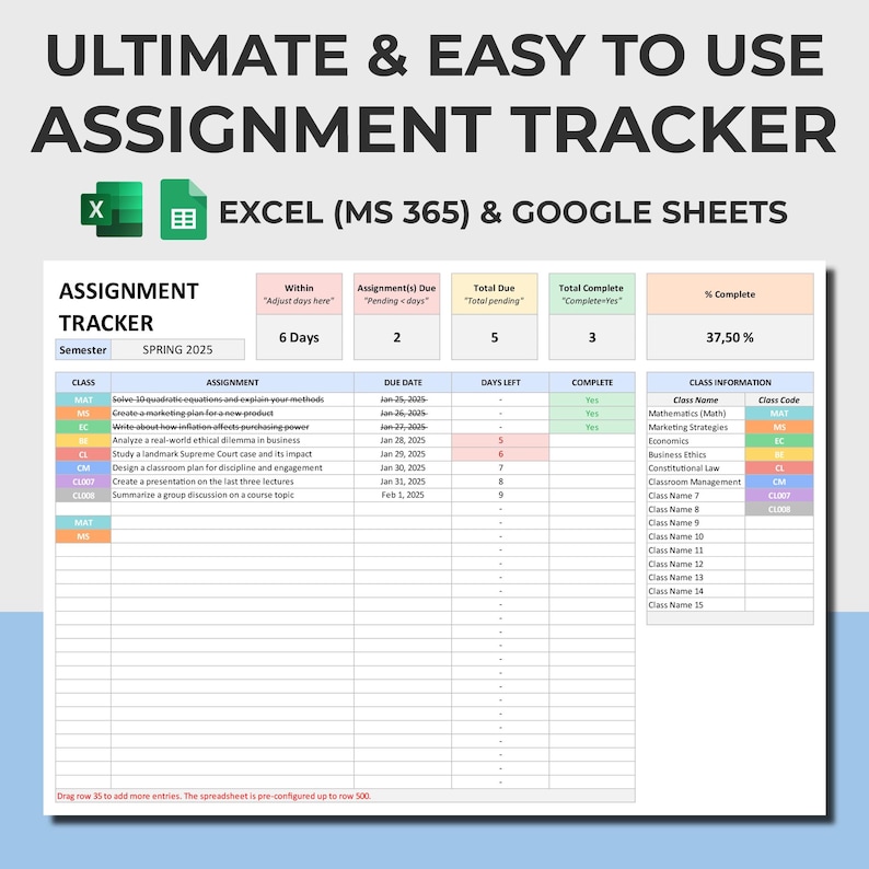 Assignment Tracker, School Spreadsheet, Excel 365 Google Sheets ...