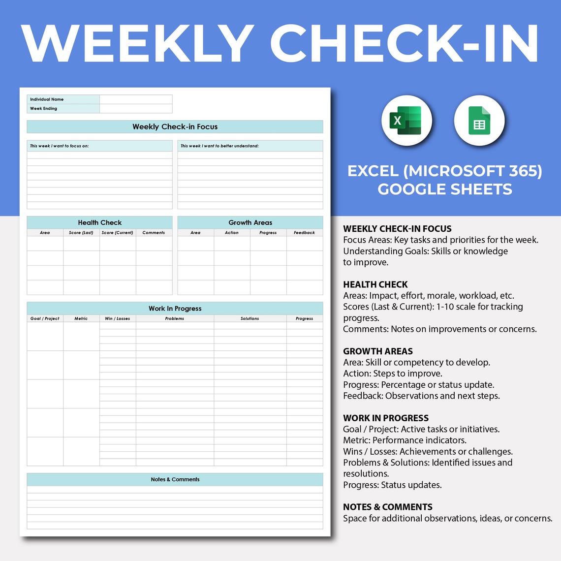 Weekly Team Member Check-in Template, Excel Google Sheets, Weekly Check ...