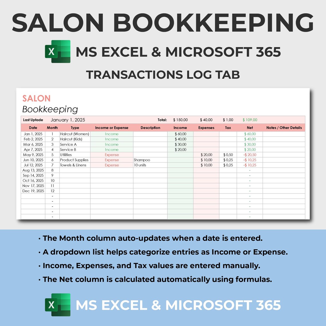 Salon Bookkeeping Template| Hair Salon Income& Expenses Tracker Log ...