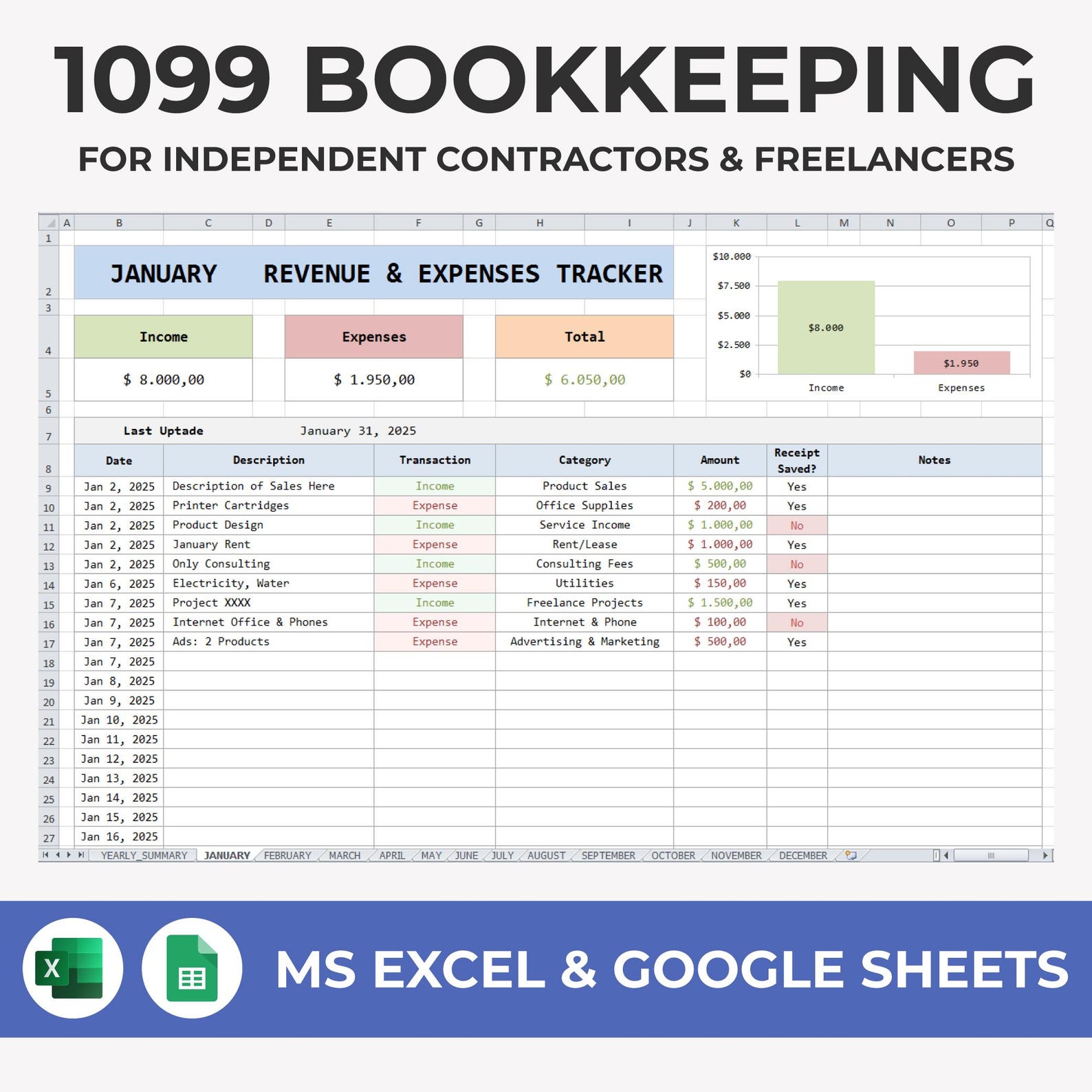 1099 Bookkeeping Spreadsheet, Excel & Google Sheet, Finance Spreadsheet ...